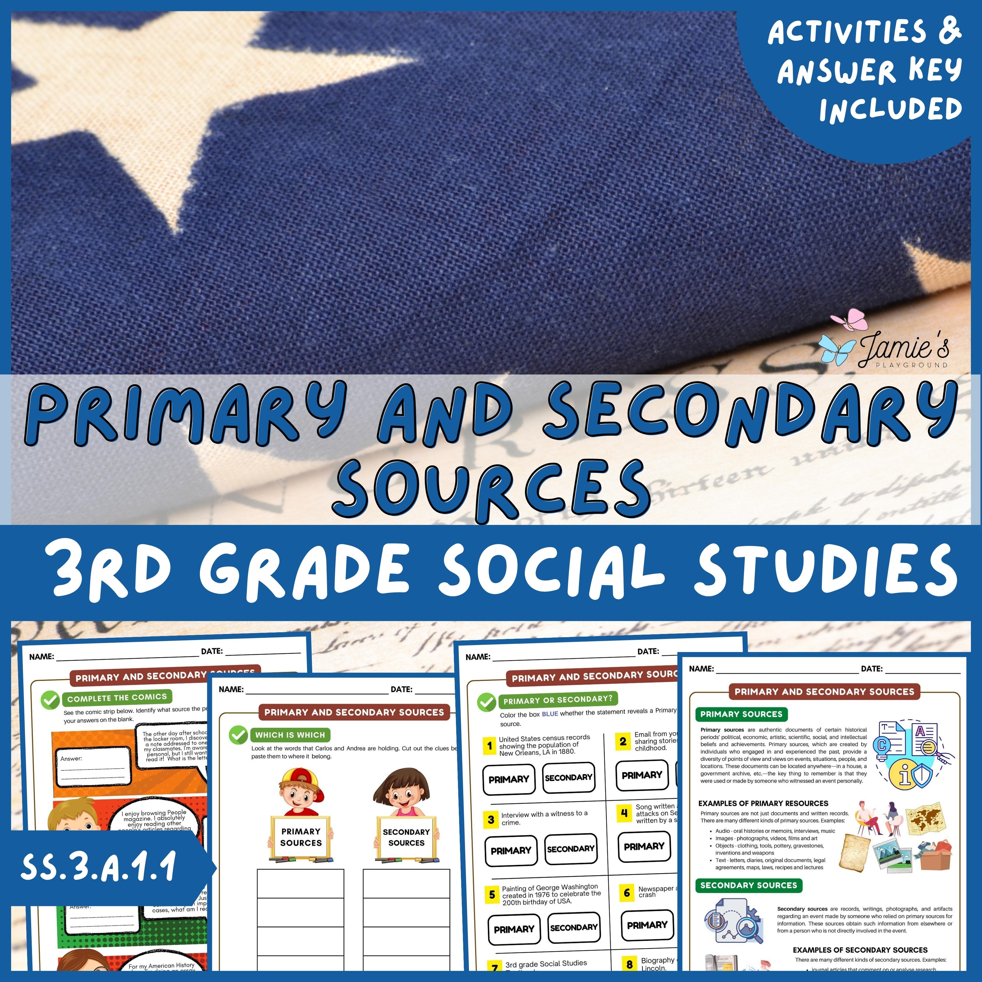 Primary and Secondary Sources Activity & Answer Key 3rd Grade Social ...