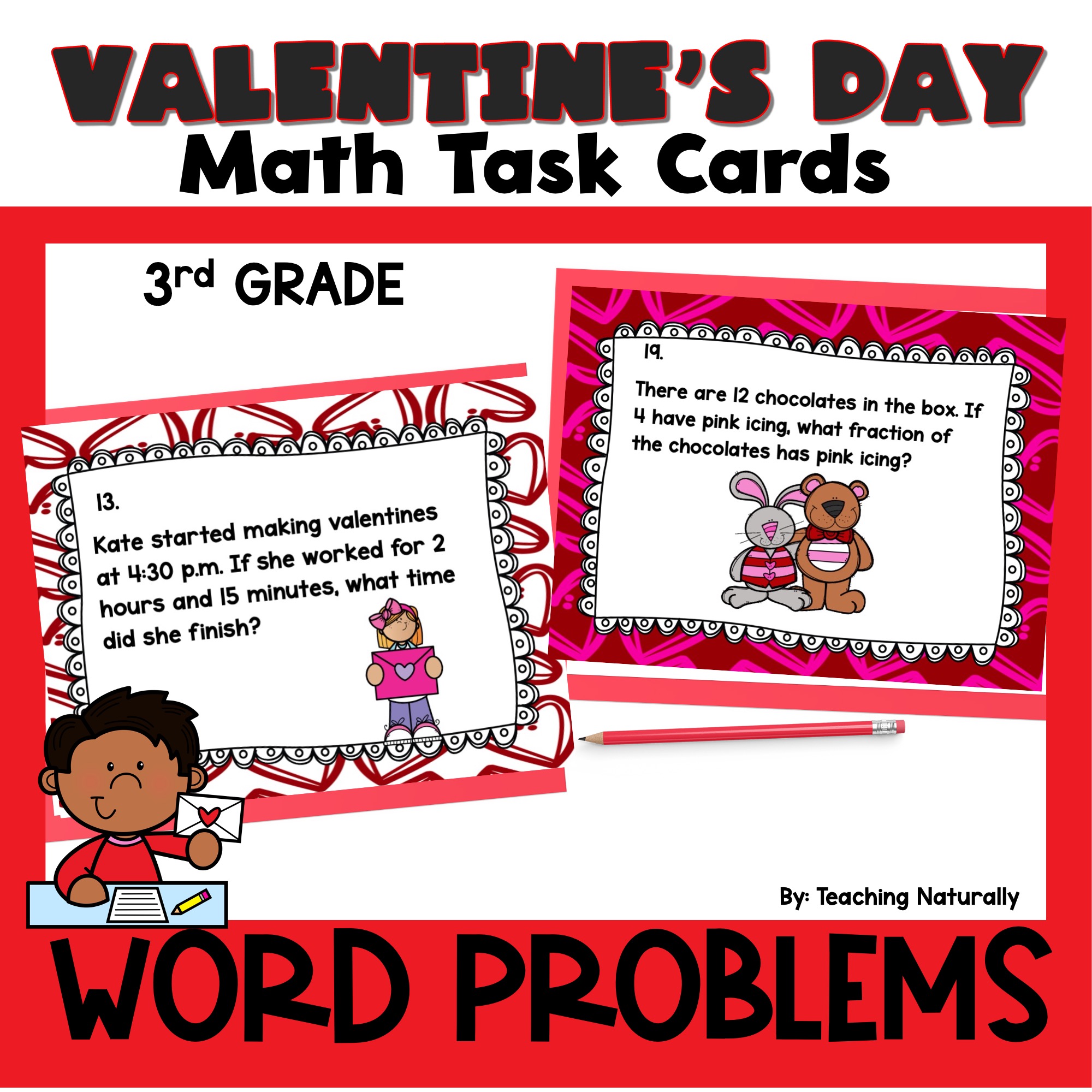 Valentine's Day one step WORD Problem Task Cards 3rd grade - Classful
