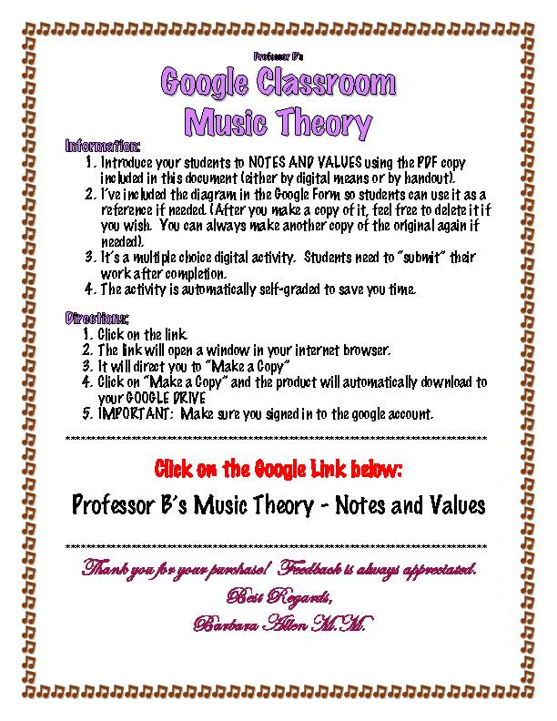 Google Classroom DIGITAL Music Theory Lesson 5- Whole, Half, Quarter ...