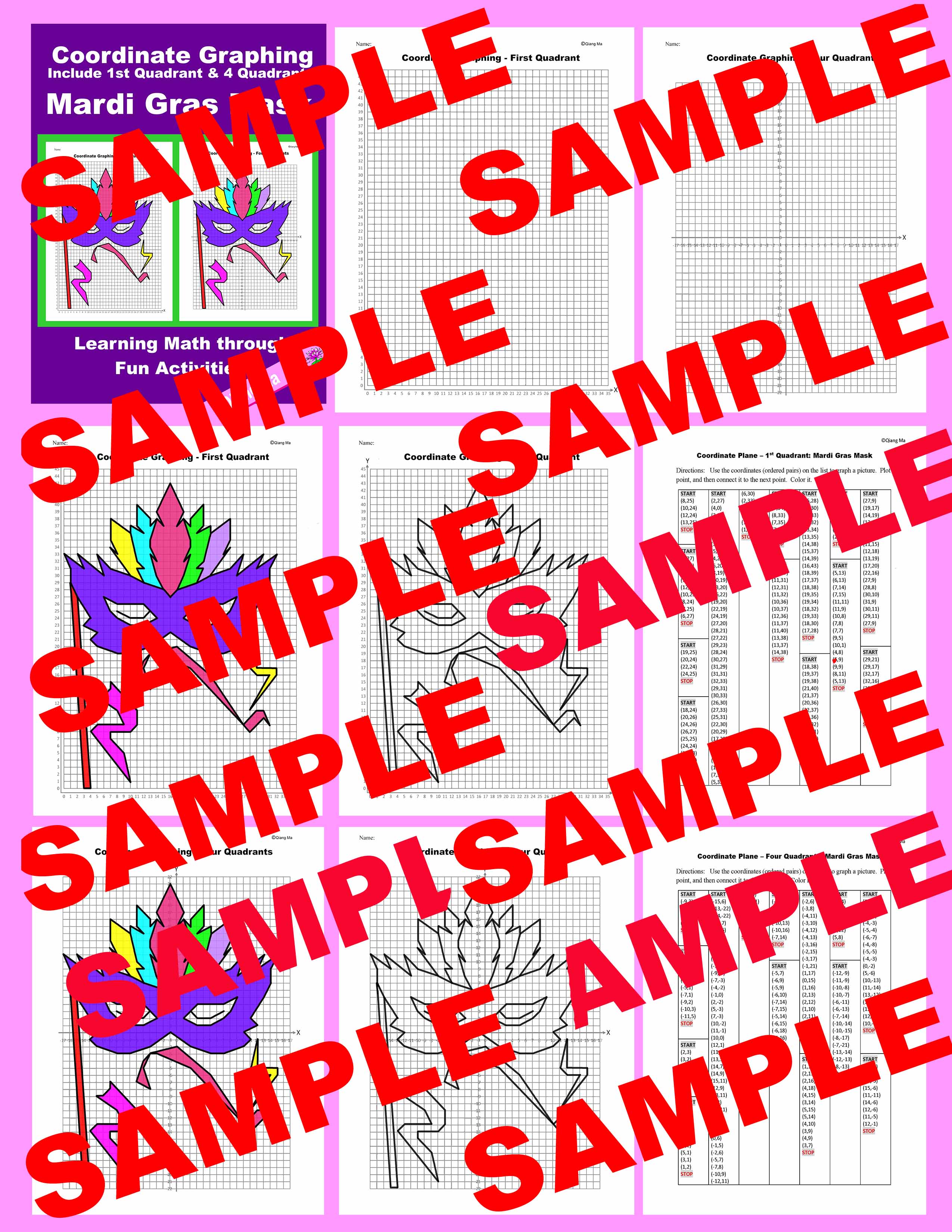 Mardi Gras Coordinate Plane Graphing Picture- Mardi Gras 4 in 1 - Classful