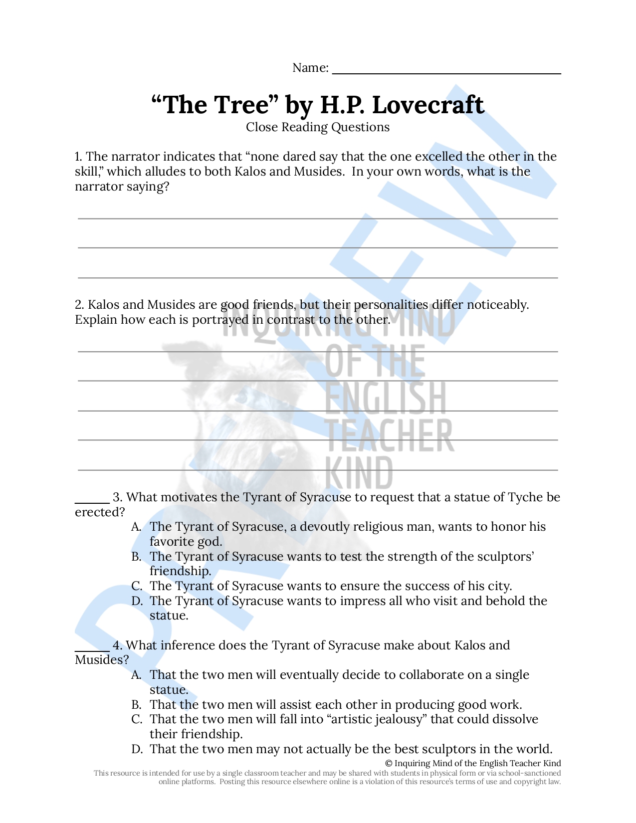 The Tree by H.P. Lovecraft Close Reading Analysis Worksheet for High ...