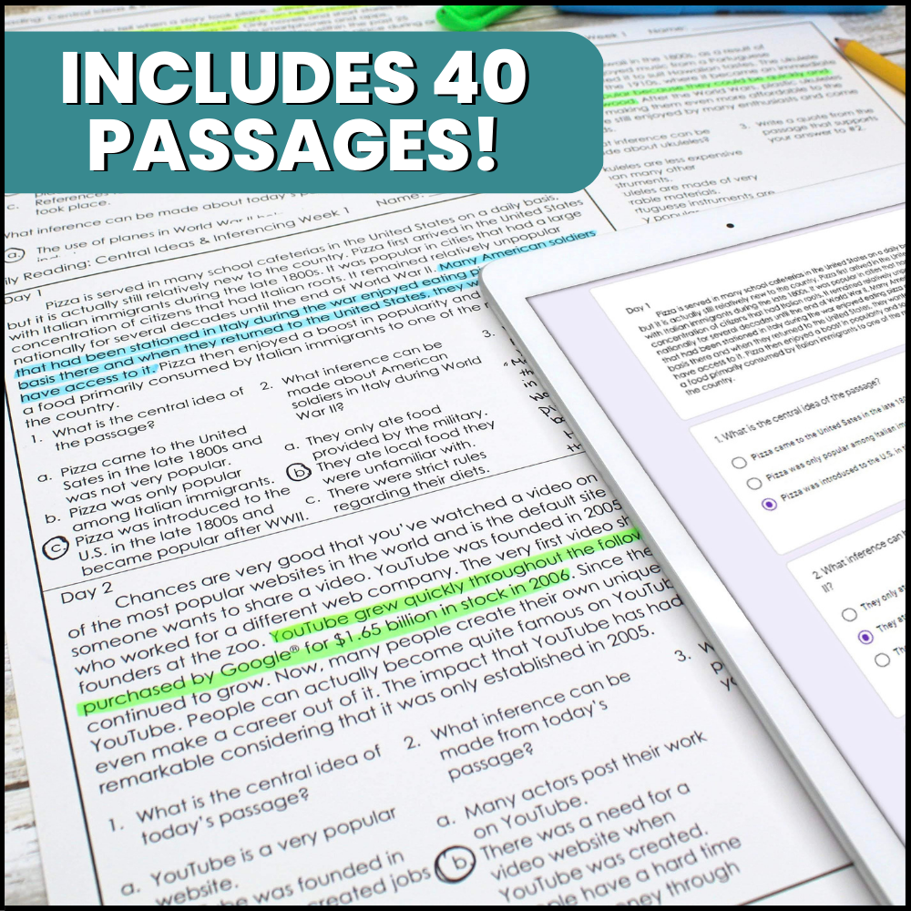 Main Idea Reading Comprehension Passages ELA Bell Ringers Morning Work ...