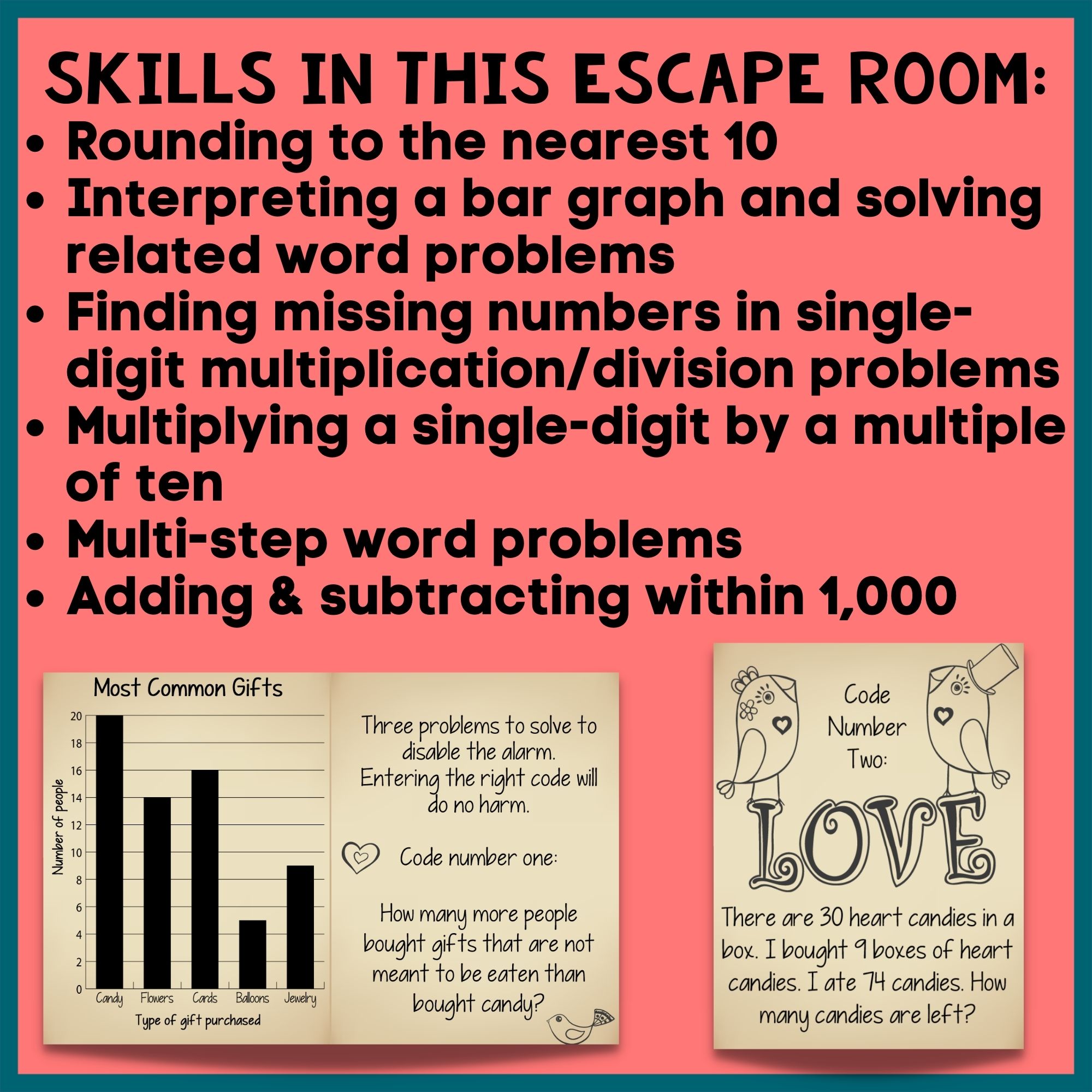 Valentine's Day Math Activity for 3rd Grade Digital or Print Escape Room Challenge - Classful