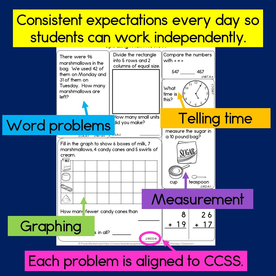 Math Spiral Review | 2nd Grade Daily Worksheets Morning Work Homework ...
