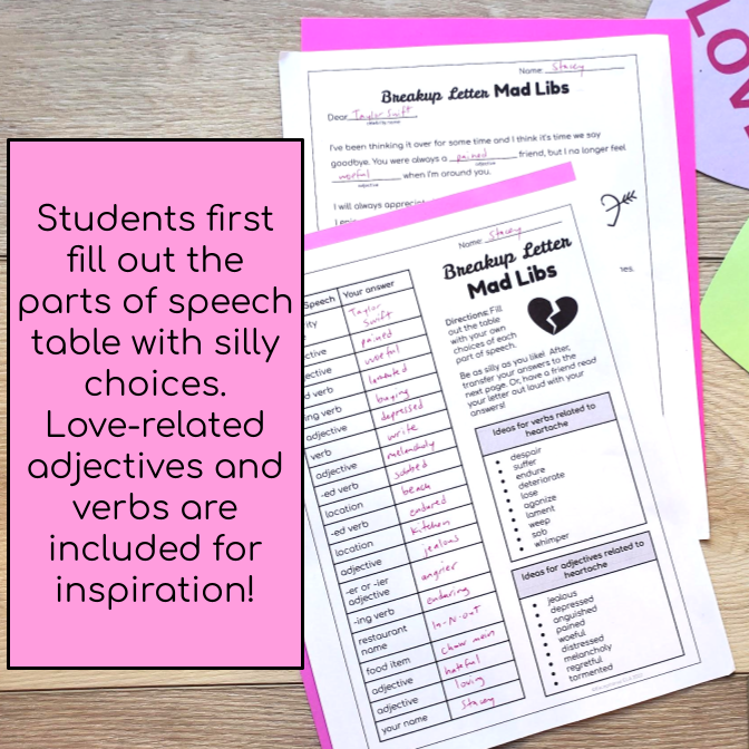 Love Letter + Breakup Letter Mad Libs- Fun writing activity for ...