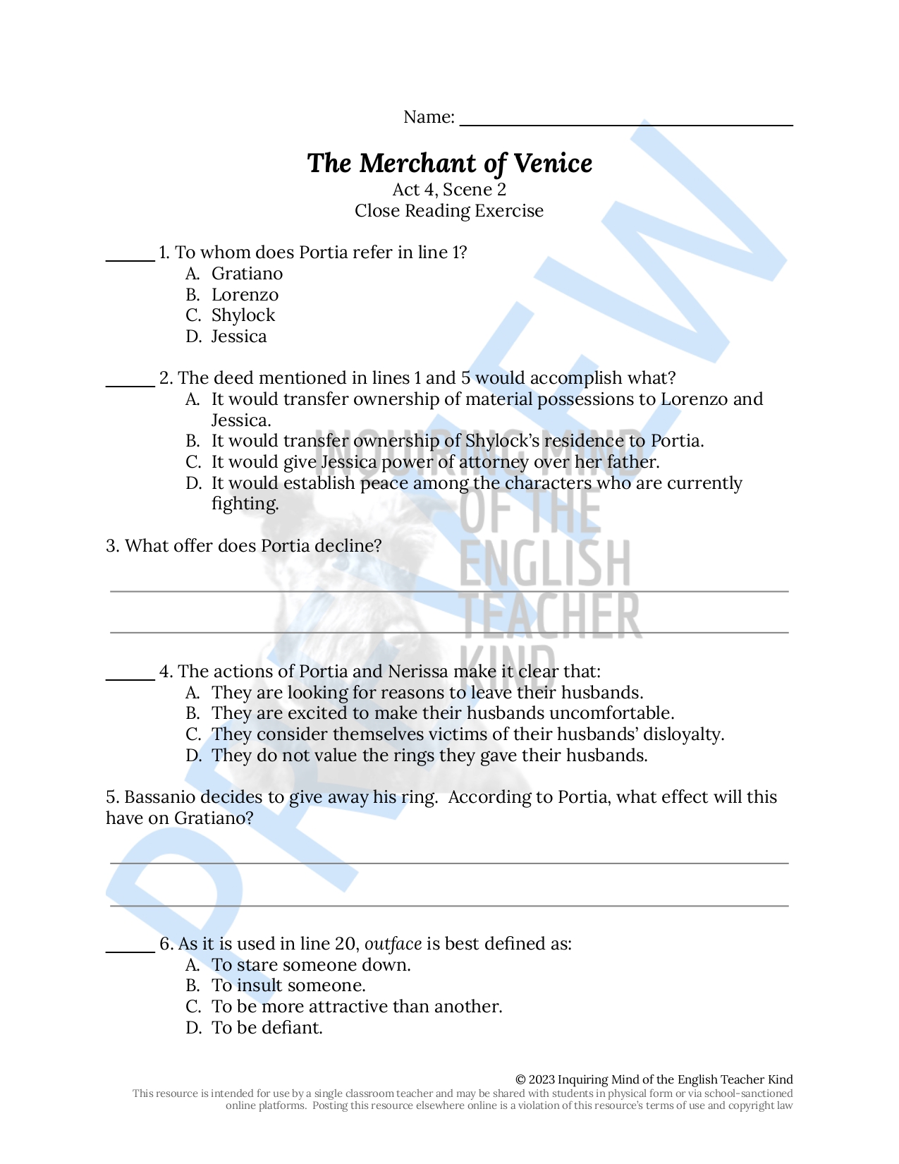 The Merchant of Venice Close Reading Analysis Worksheets Bundle ...