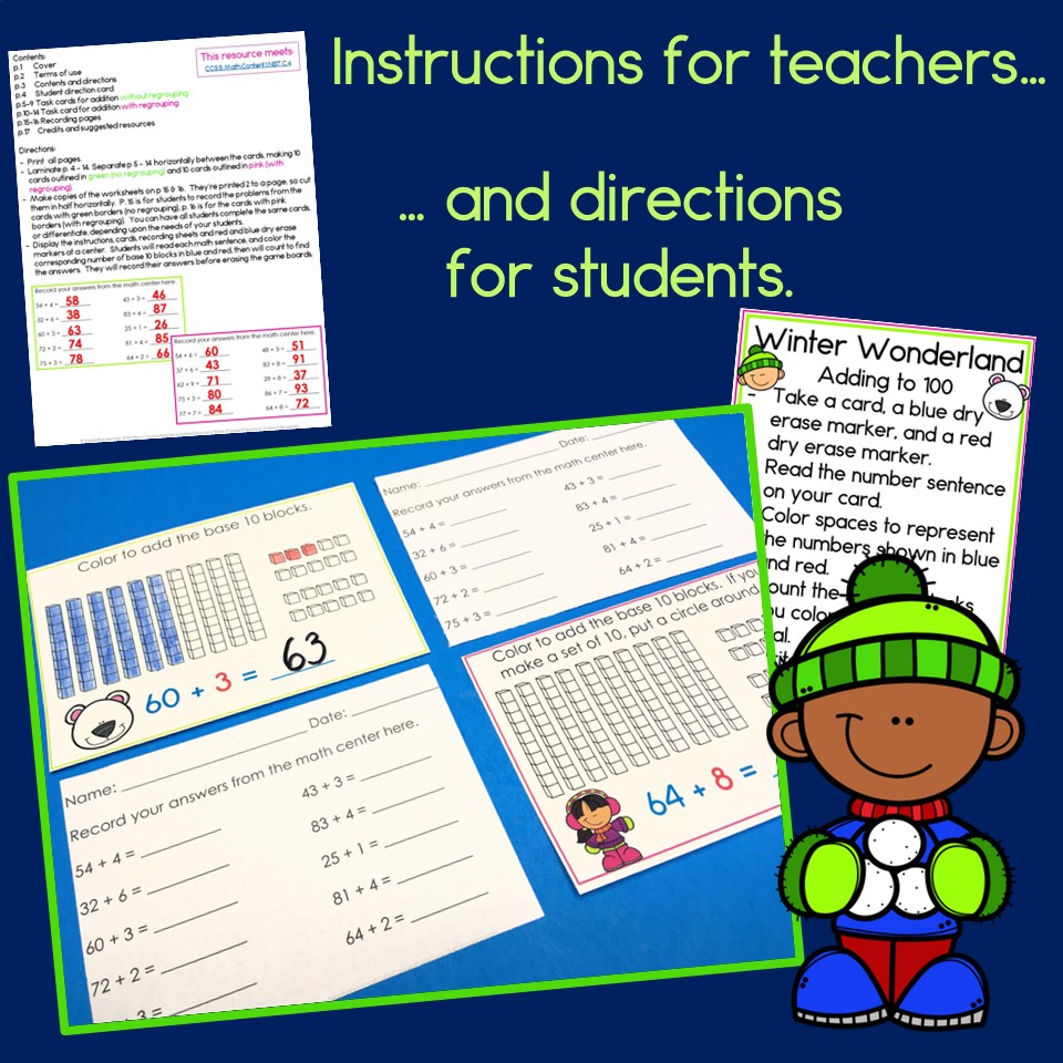 Winter Adding 2 Digit Numbers with Base 10 Blocks Task Cards Math ...