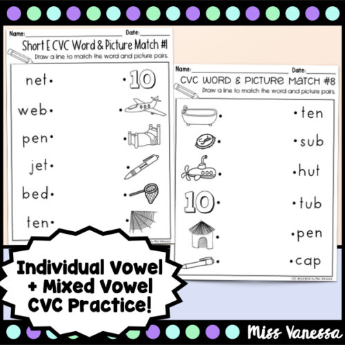 Short Vowel CVC Word and Picture Matching Worksheets - Classful