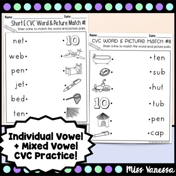 Short Vowel CVC Word and Picture Matching Worksheets - Classful