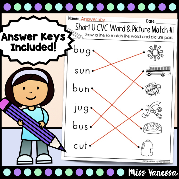 Short Vowel CVC Word and Picture Matching Worksheets - Classful