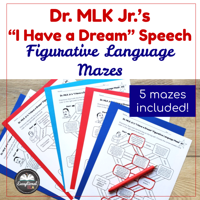 Dr. MLK Jr.'s I Have a Dream Speech Figurative Language Mazes- Great ...