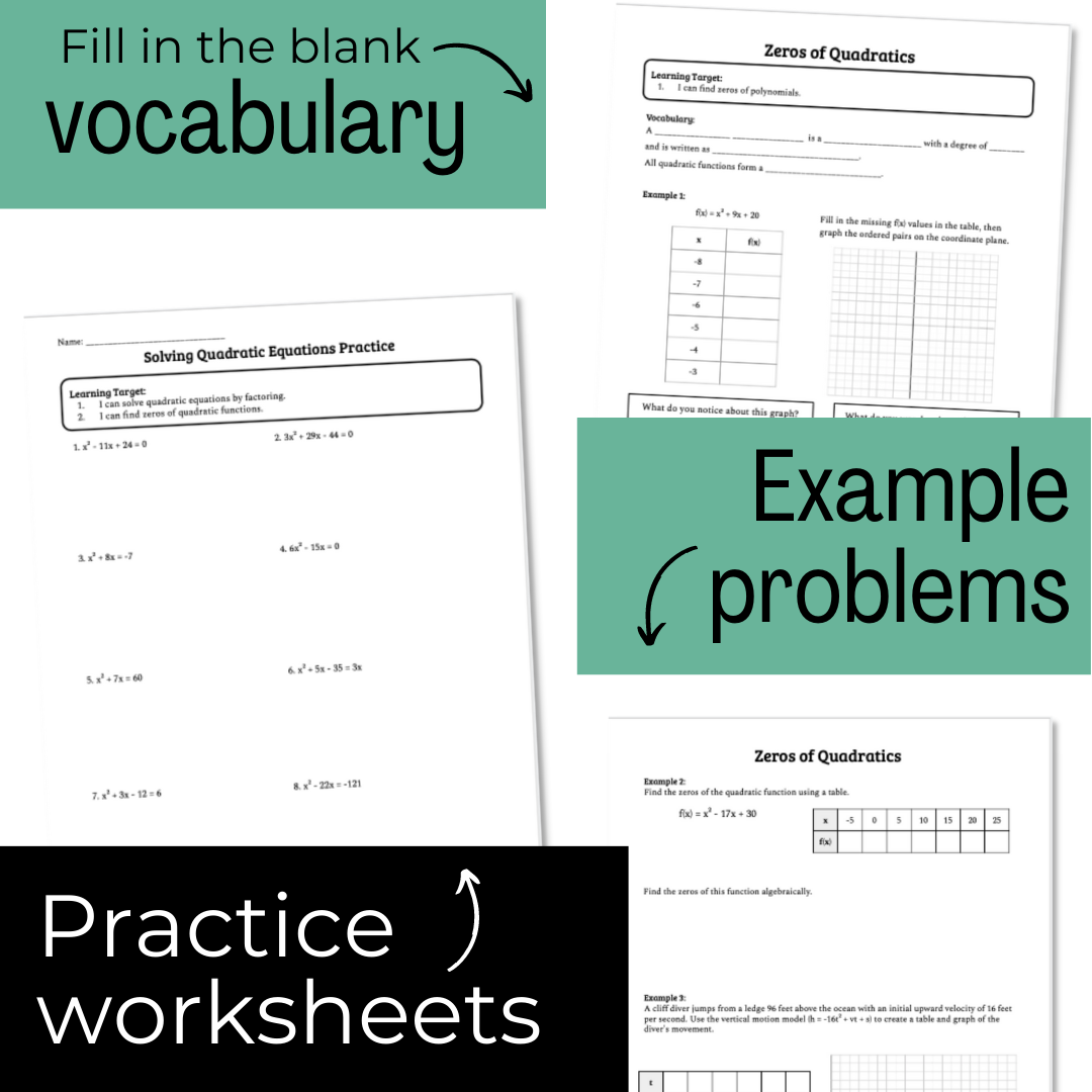 Solving Quadratic Equations By Factoring Guided Notes And Worksheet Classful