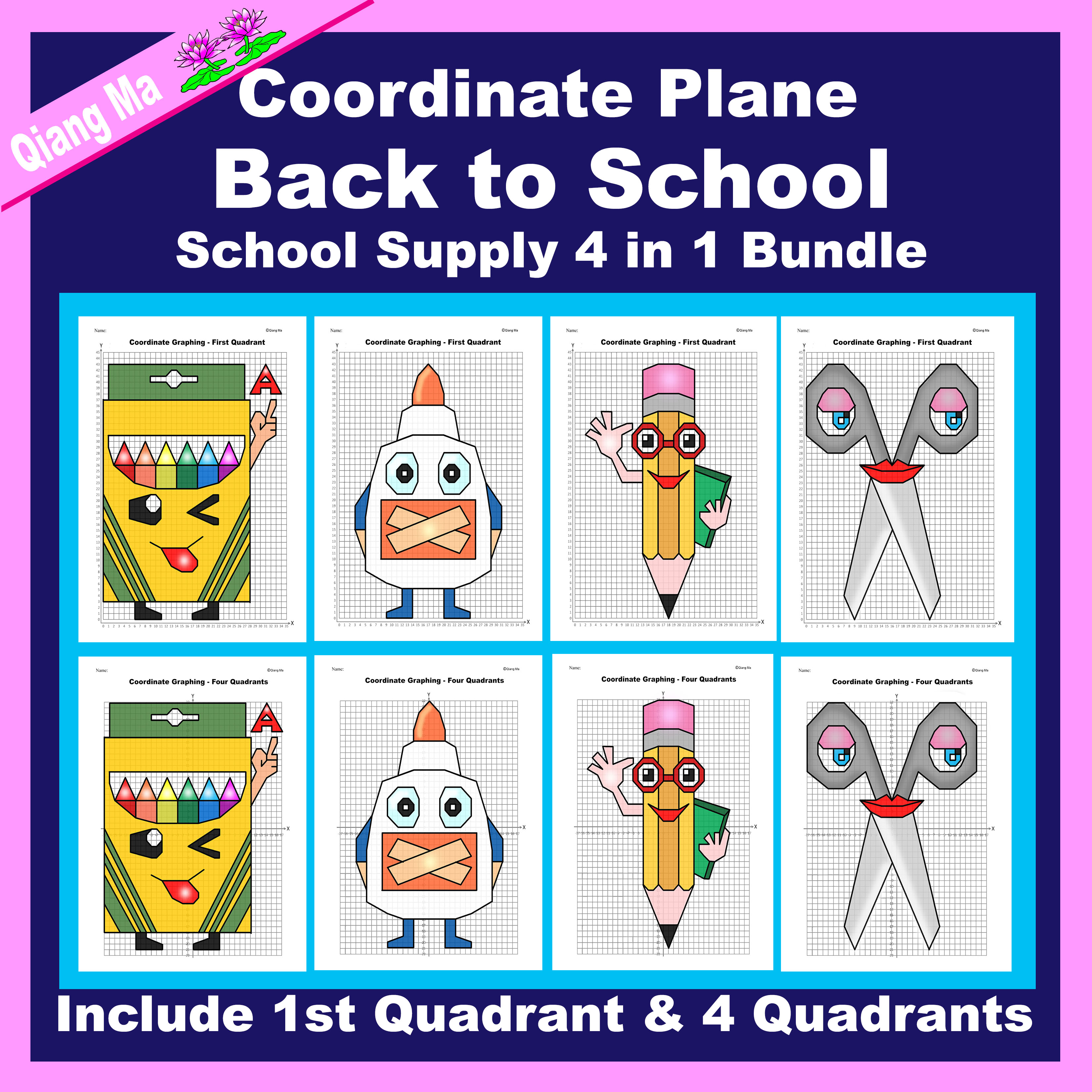 Back to School Coordinate Plane Graphing Picture- School Supply 4 in 1 ...