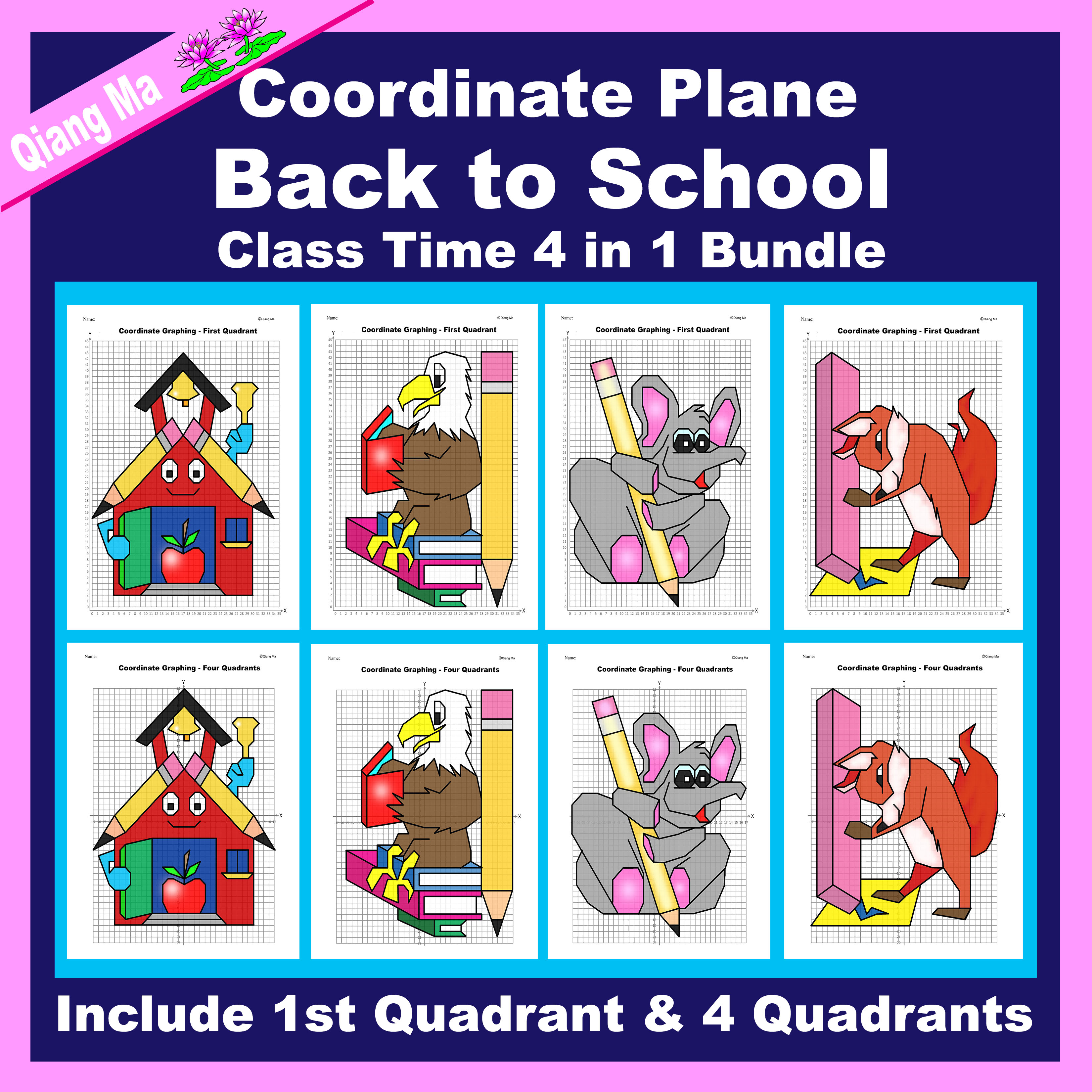Back to School Coordinate Plane Graphing Picture- Class Time 4 in 1 ...