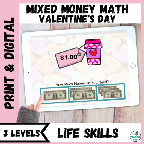 Valentine's Day Life Skills- Mixed Money Math - 3 Levels NO PREP - Classful