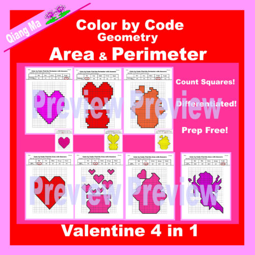 Valentine Color by Code- Area and Perimeter- Count Squares 4 in 1 ...