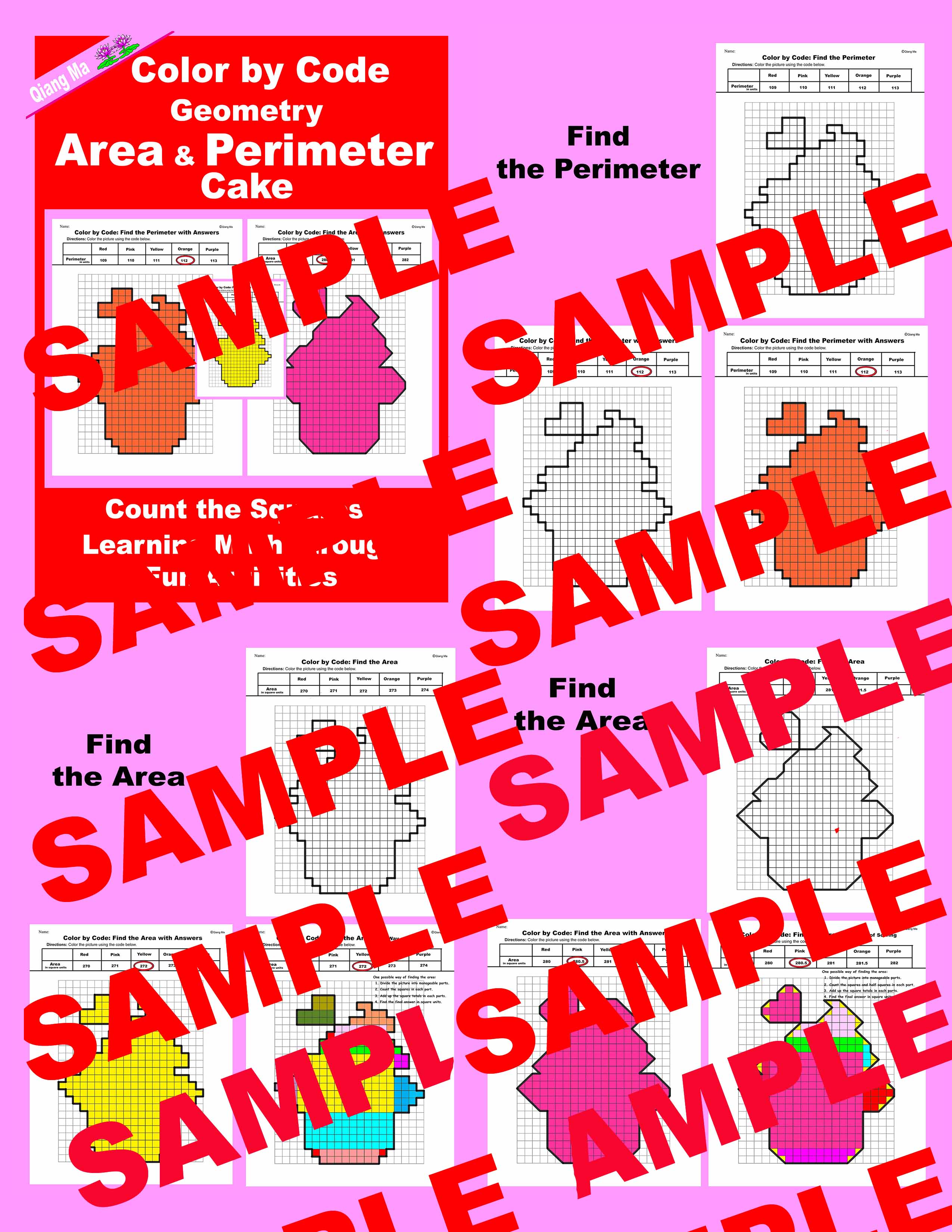 Valentine Color by Code- Area and Perimeter- Count Squares 4 in 1 ...