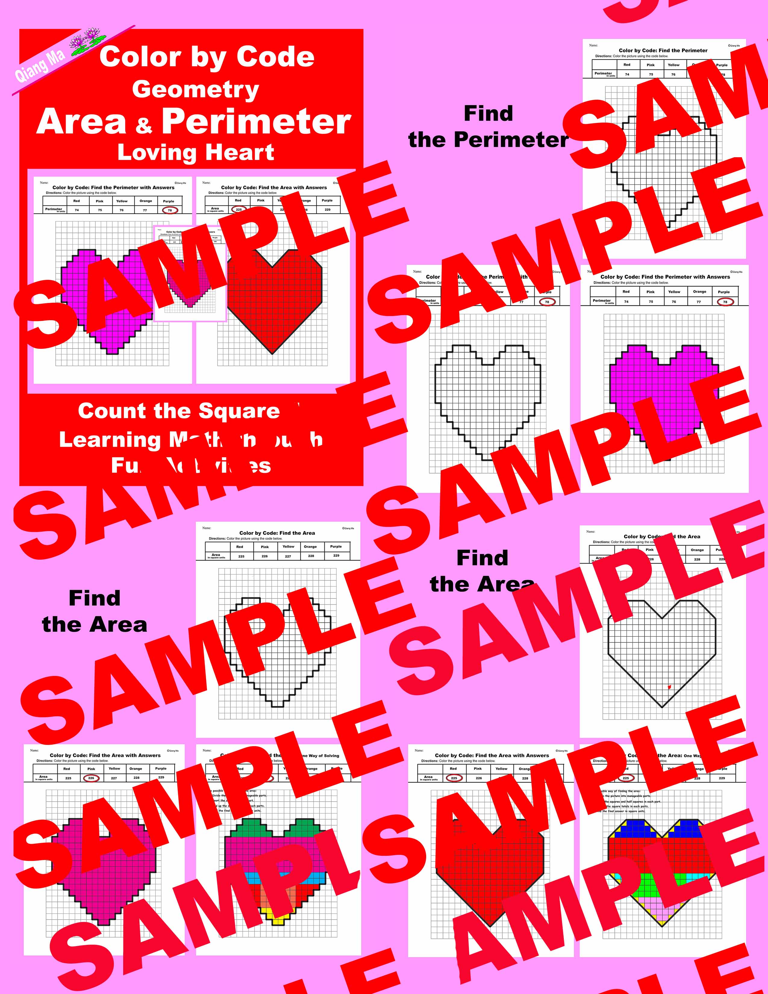 Valentine Color by Code- Area and Perimeter- Count Squares 4 in 1 ...