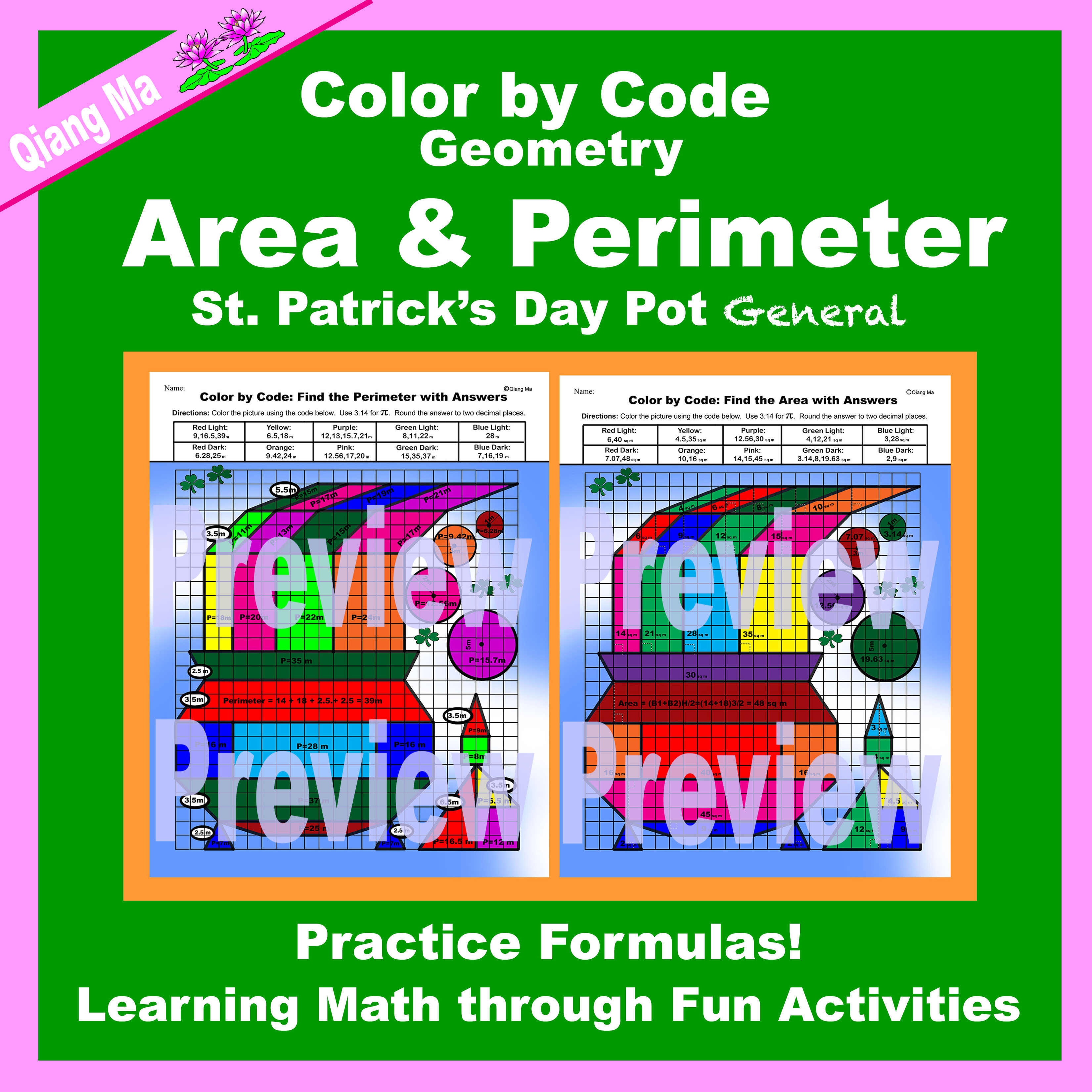 St. Patrick's Day Color by Code-Area and Perimeter-Practice Formulas ...