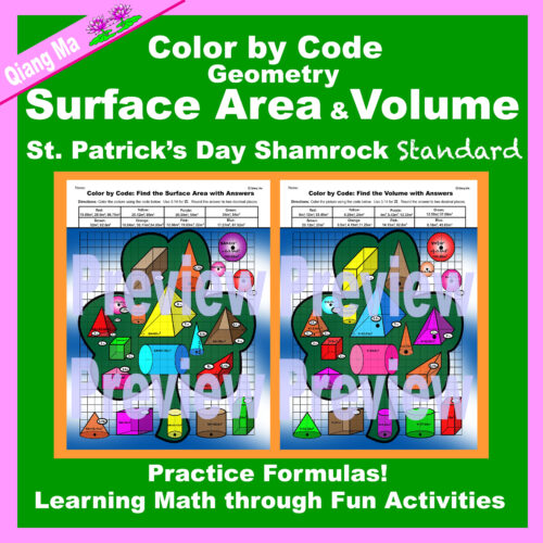 St. Patrick's Day Color by Code- Surface Area and Volume Standard ...