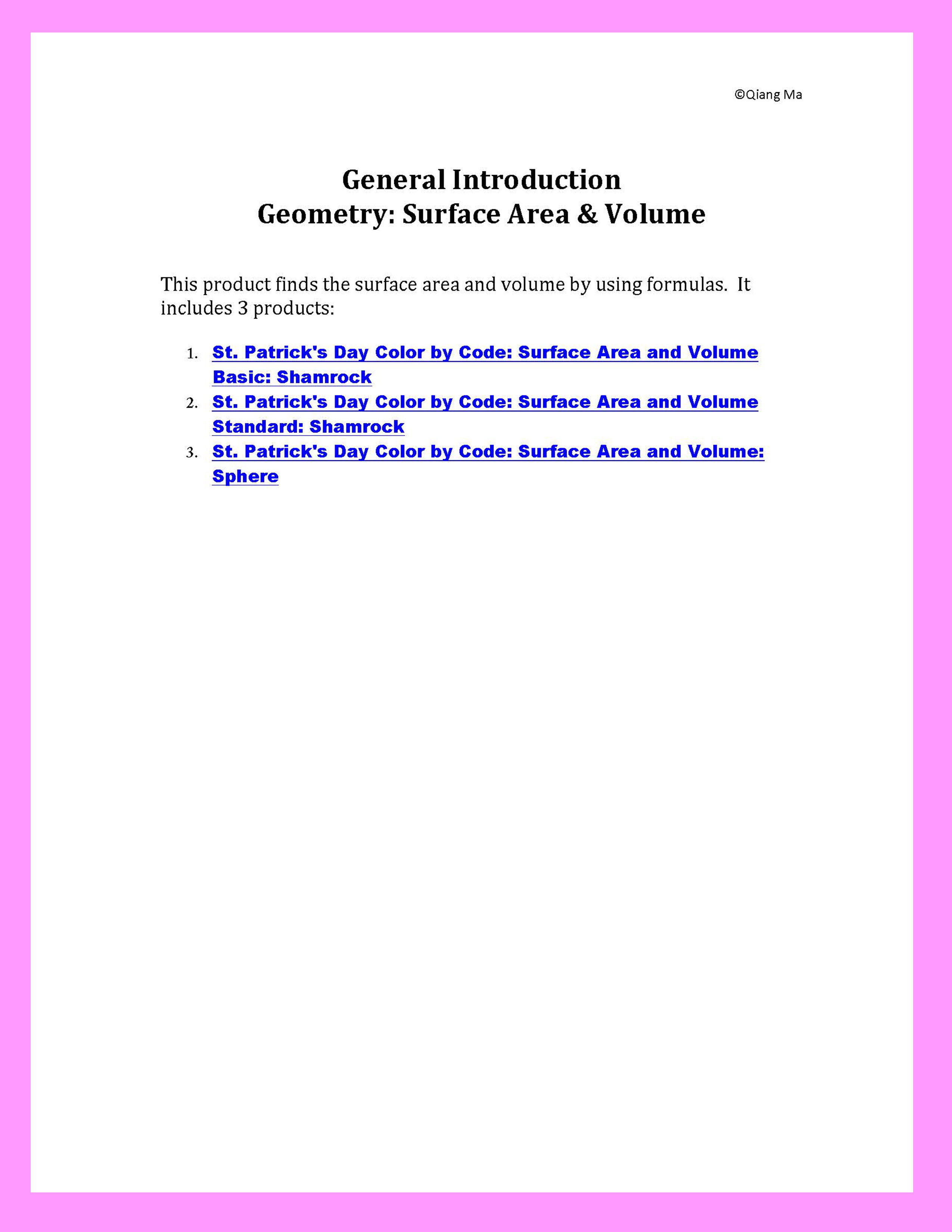 St. Patrick Color by Code- Surface Area and Volume- Practice Formulas 3 ...