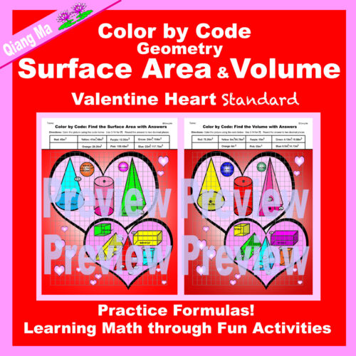 Valentine Color by Code- Surface Area and Volume- Practice Formulas Std ...