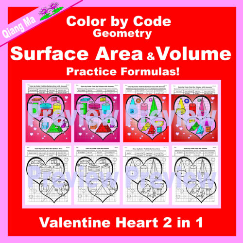 Valentine Color by Code- Surface Area and Volume 2 in 1- Practice ...