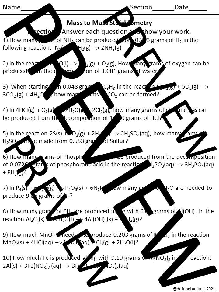 Stoichiometry Worksheet 10 Problems with Mass to Mass Calculations ...