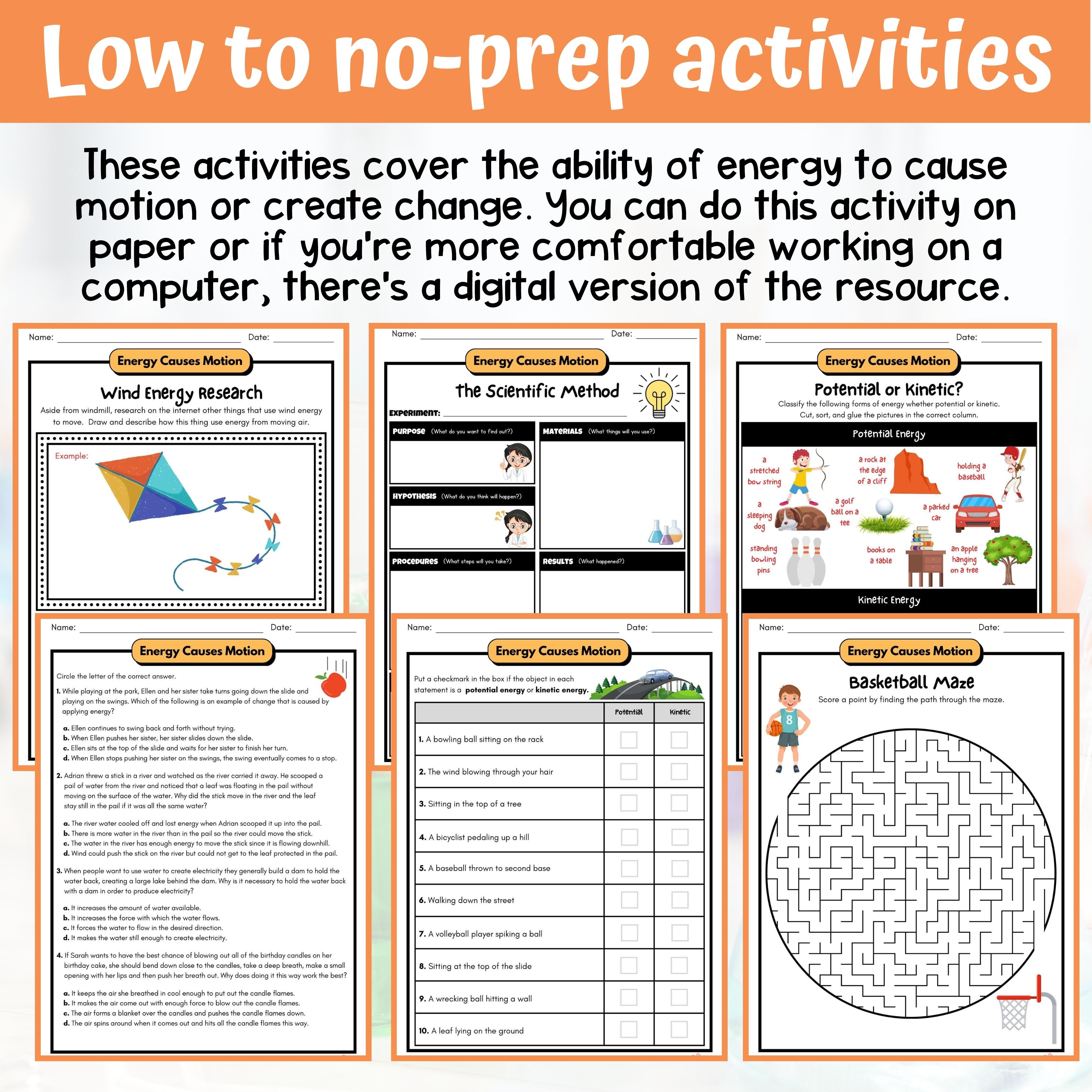 Potential and Kinetic Energy Activity & Answer Key 5th Grade Physical ...