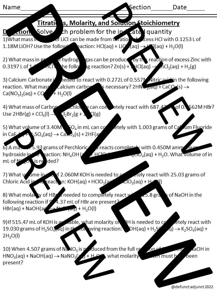 Solution and Titration Stoichiometry- a Chemistry Worksheet - Classful