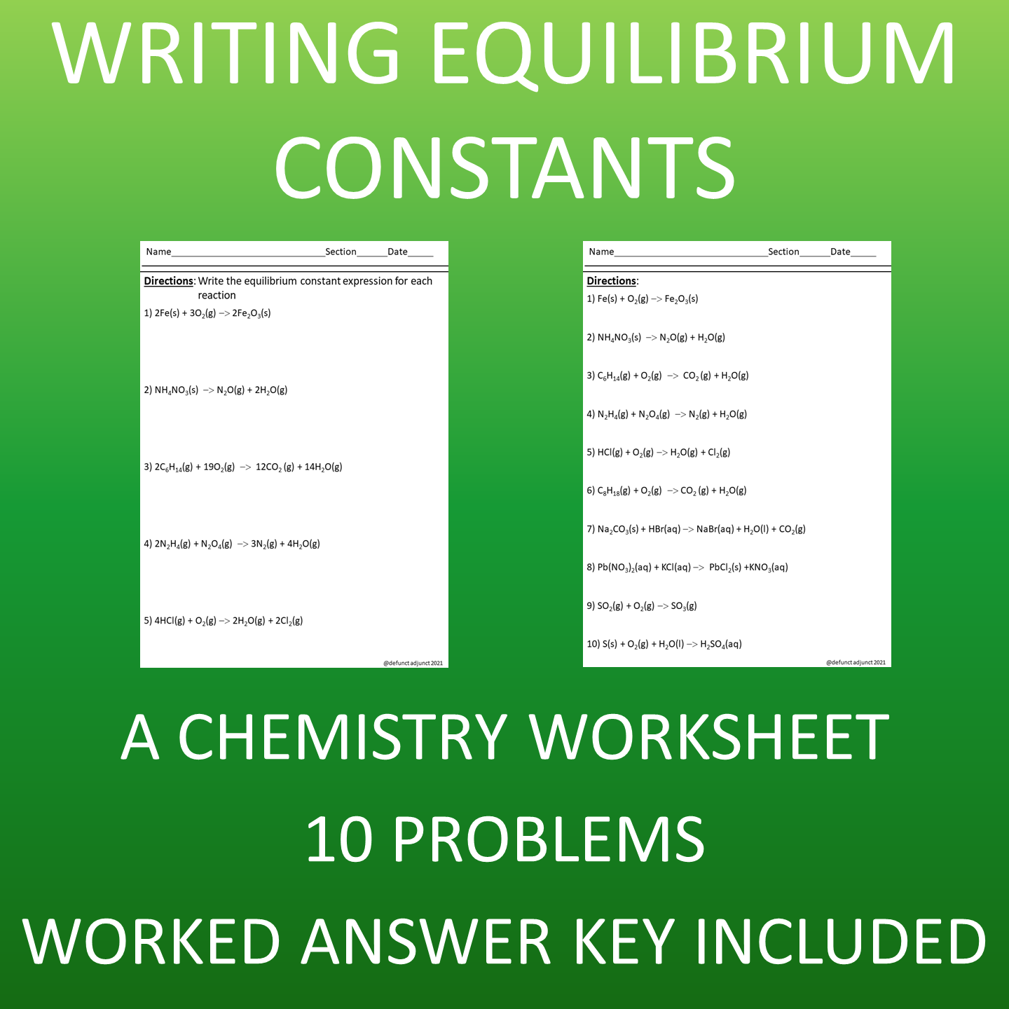 Write the Equilibrium Constant for Each Reaction- A Chemistry Worksheet ...