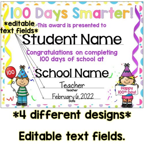 100th Day of School Awards Certificates Crown Treat Tags Activity Pages ...