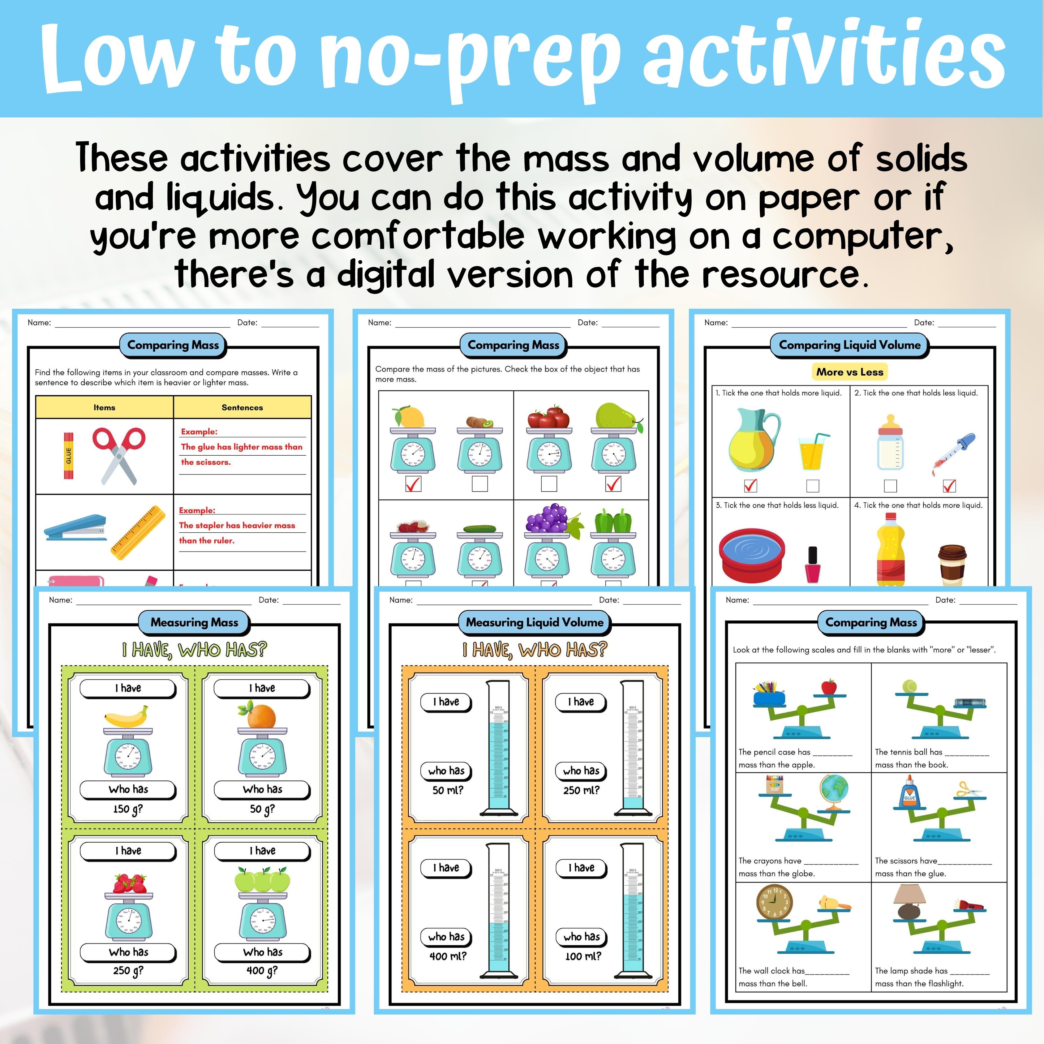 Mass and Volume Activity & Answer Key 3rd Grade Physical Science - Classful