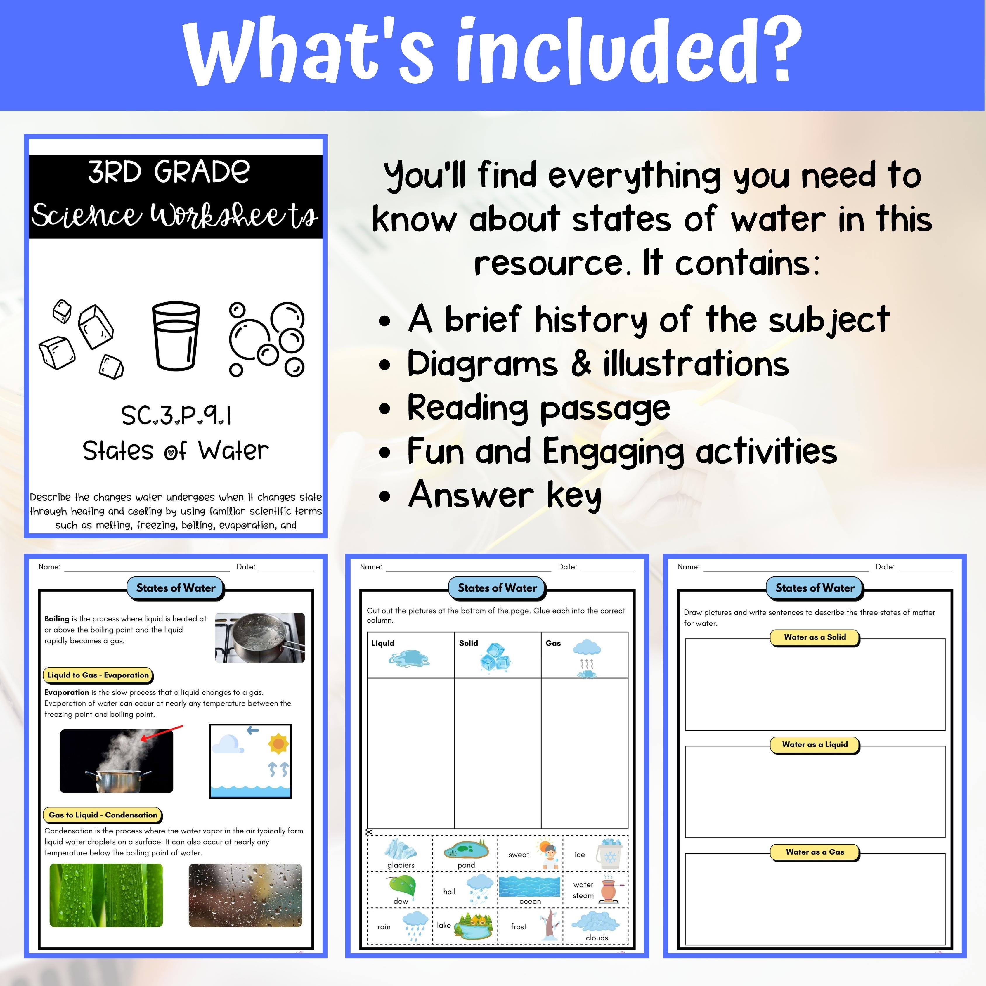 States of Water Activities & Answer Key 3rd Grade Physical Science ...