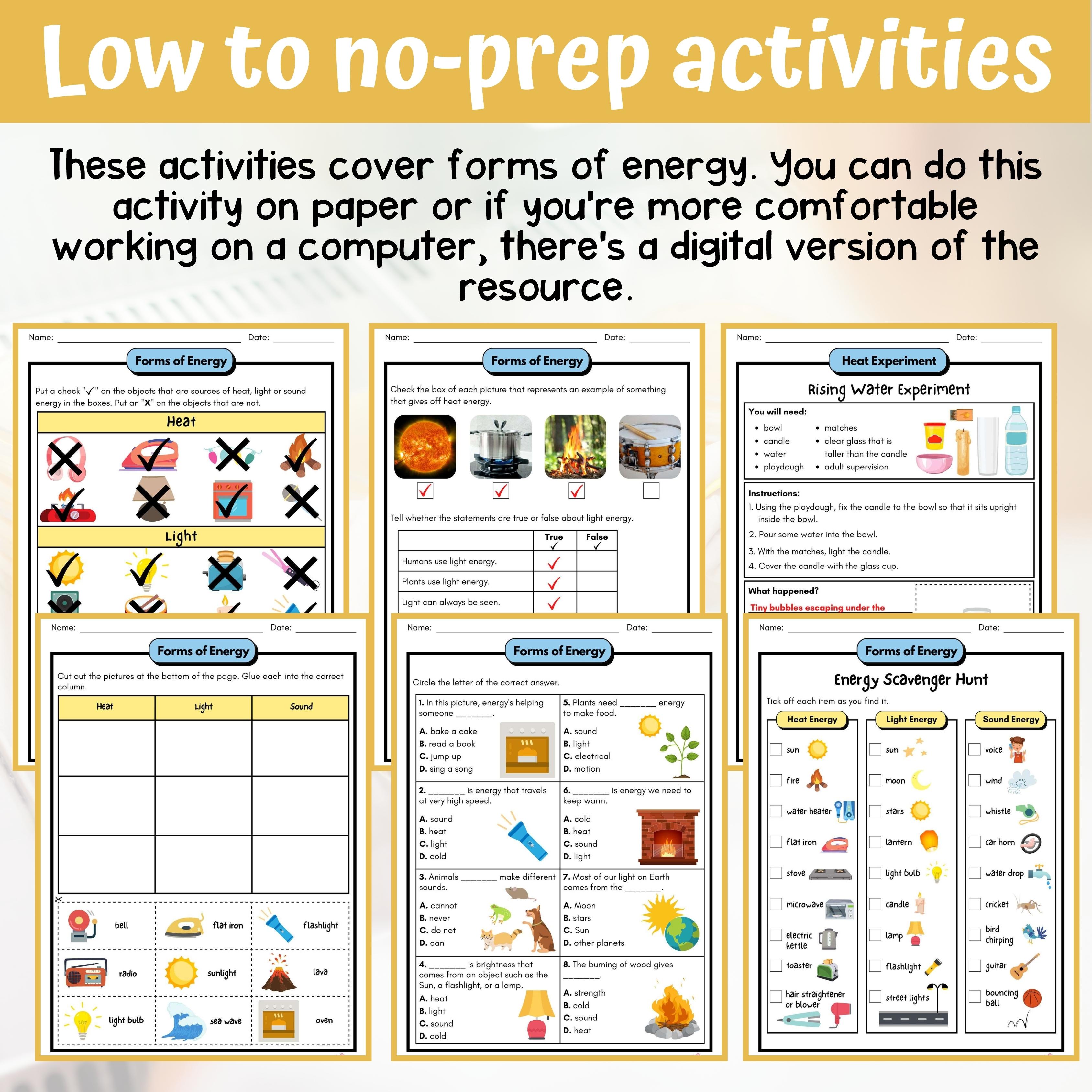 Forms of Energy Activity & Answer Key 3rd Grade Physical Science - Classful