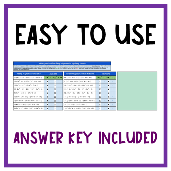 Adding and Subtracting Polynomials Activity Digital Pixel Art Mystery ...