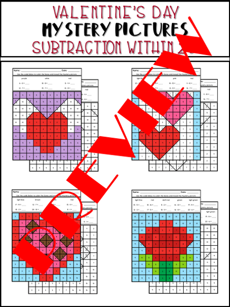 Valentine's Day Mystery Pictures Subtraction Within 20 ~ Fact Fluency ...