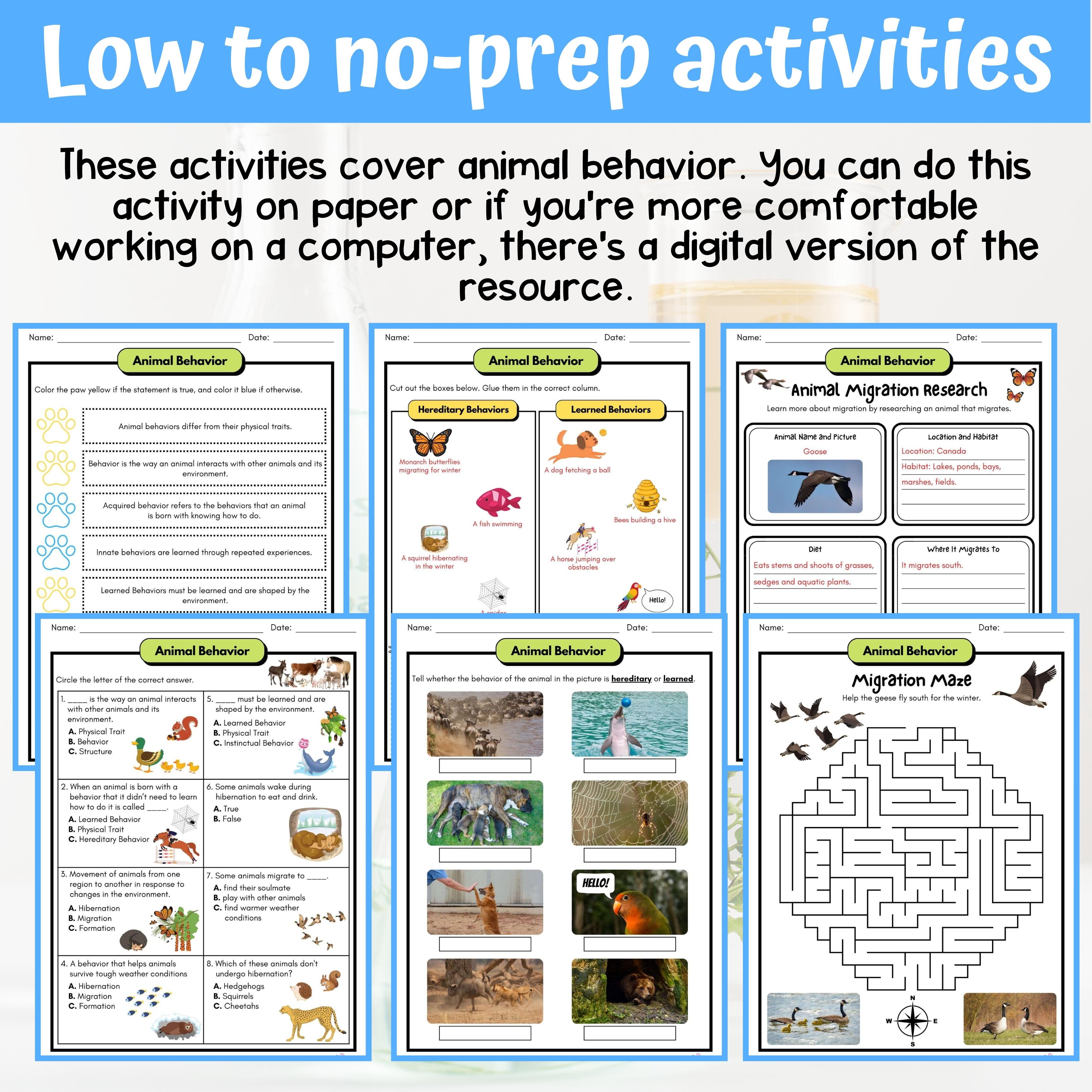 Animal Behavior Activity & Answer Key 4th Grade Life Science - Classful