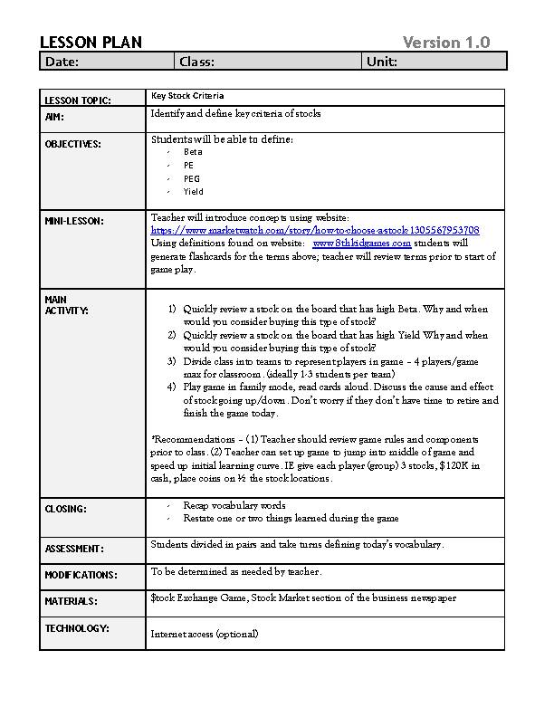 Stock Market Lesson Plans - FREE - Classful