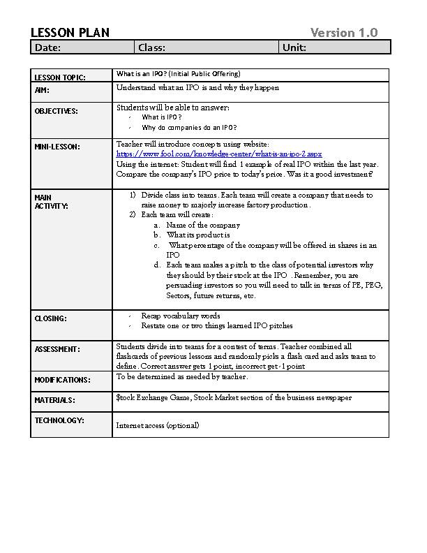 Stock Market Lesson Plans - FREE - Classful