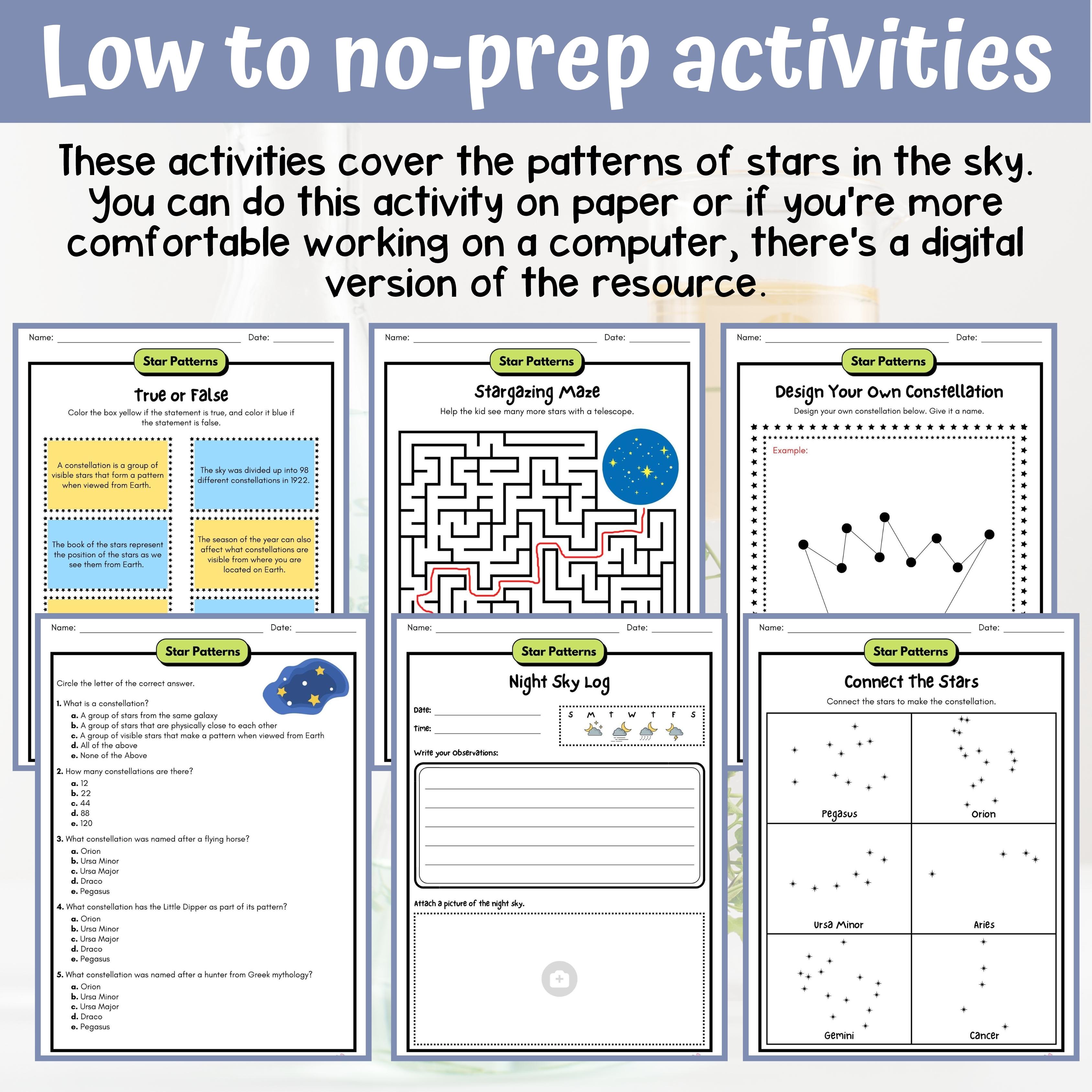 Patterns of Stars Activity & Answer Key 4th Grade Earth & Space Science ...