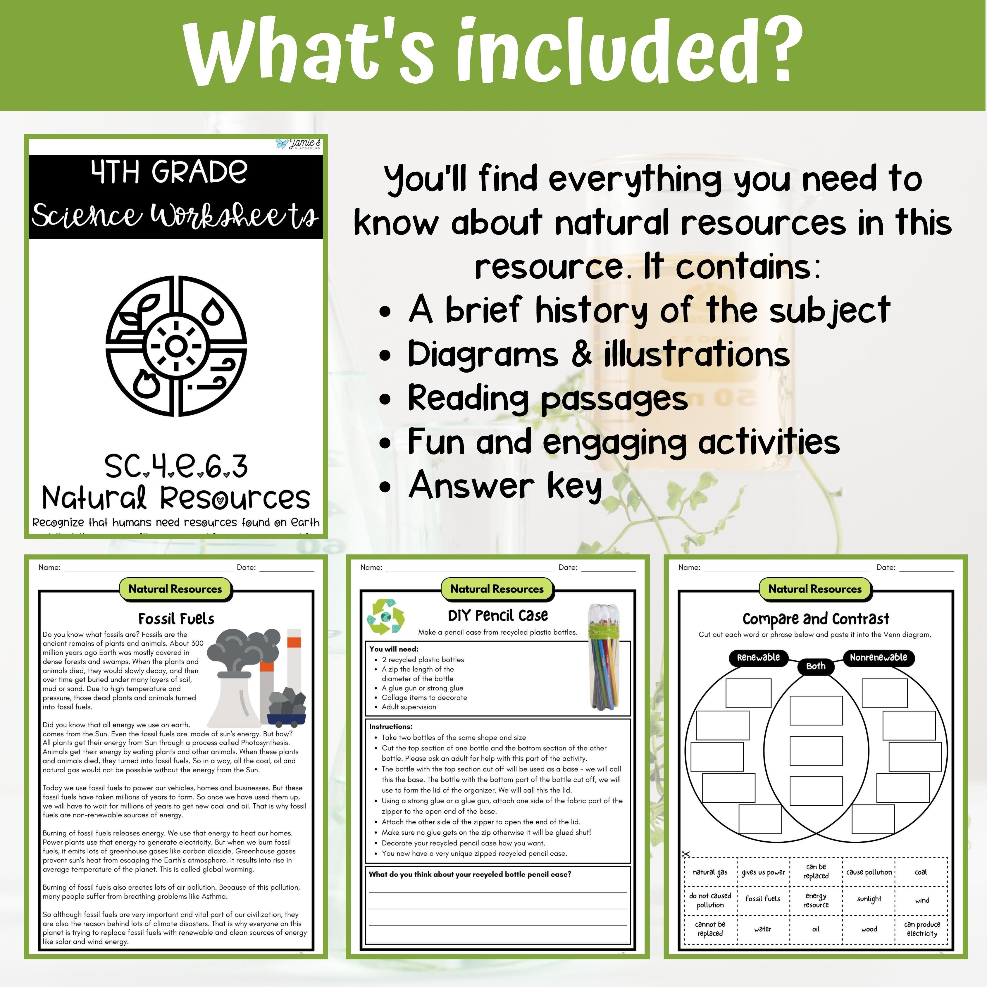 Natural Resources Activity & Answer Key 4th Grade Earth & Space Science ...