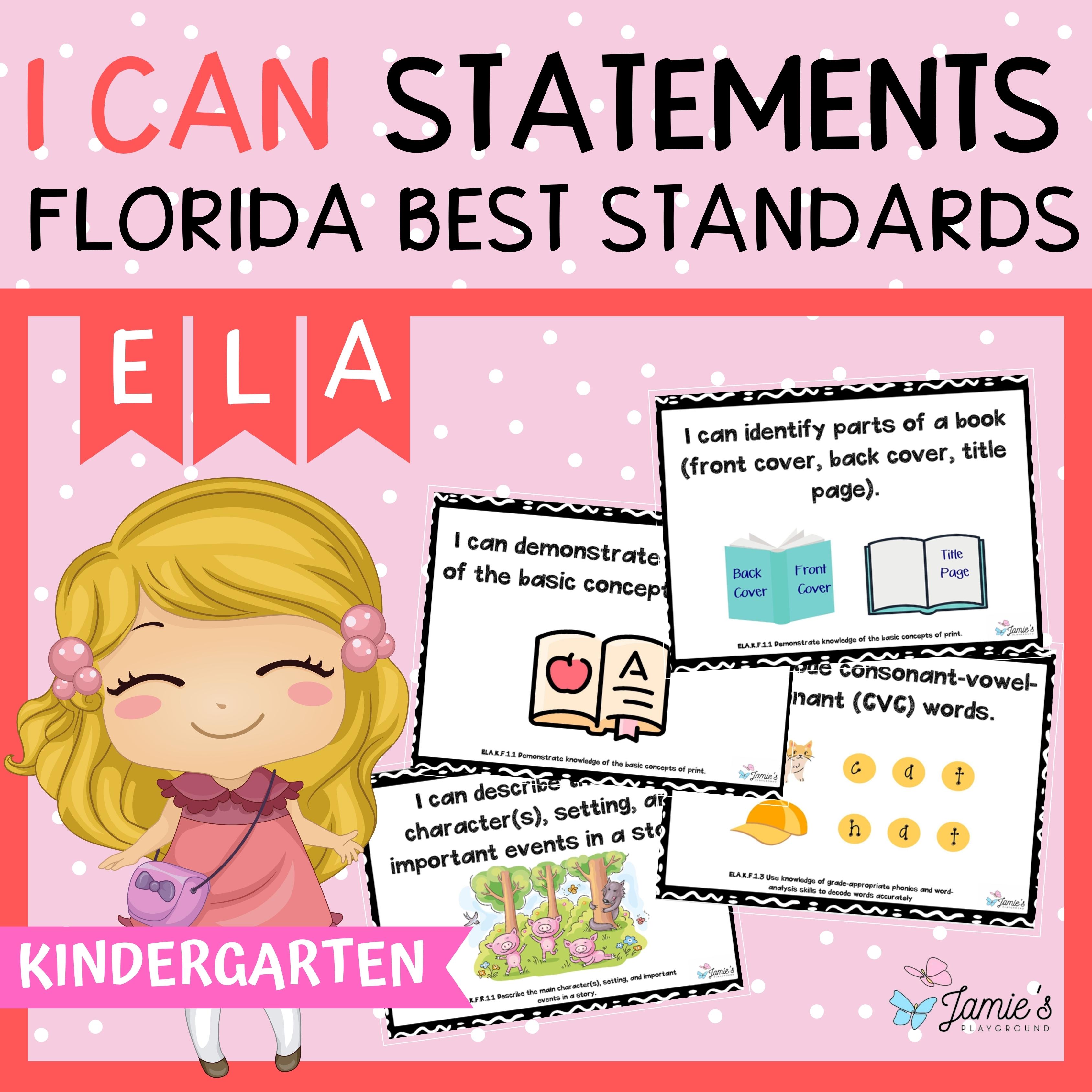 Florida BEST Standards- Kindergarten ELA I Can Statements - Full & Half ...