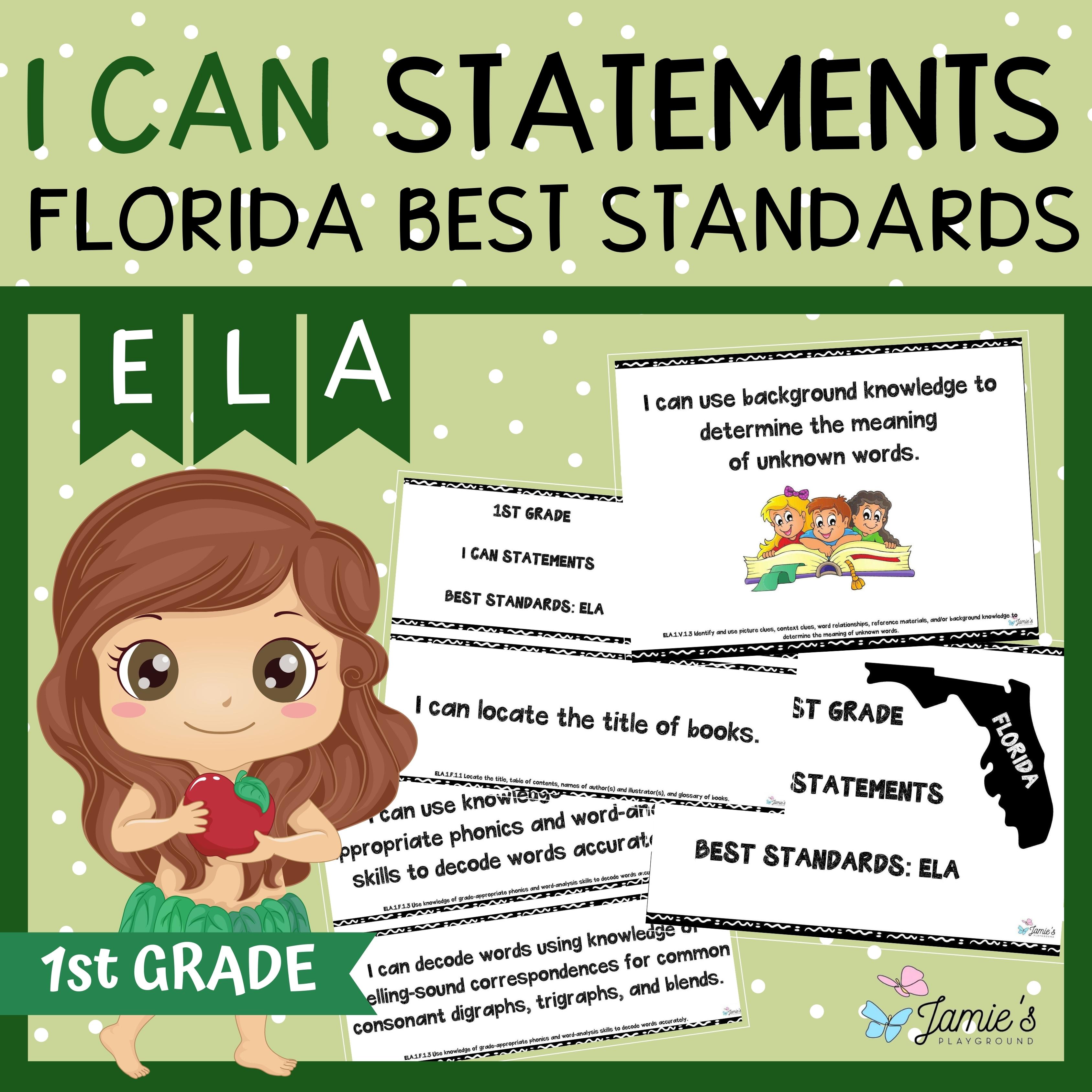 Florida BEST Standards- 1st Grade ELA I Can Statements - Full & Half ...
