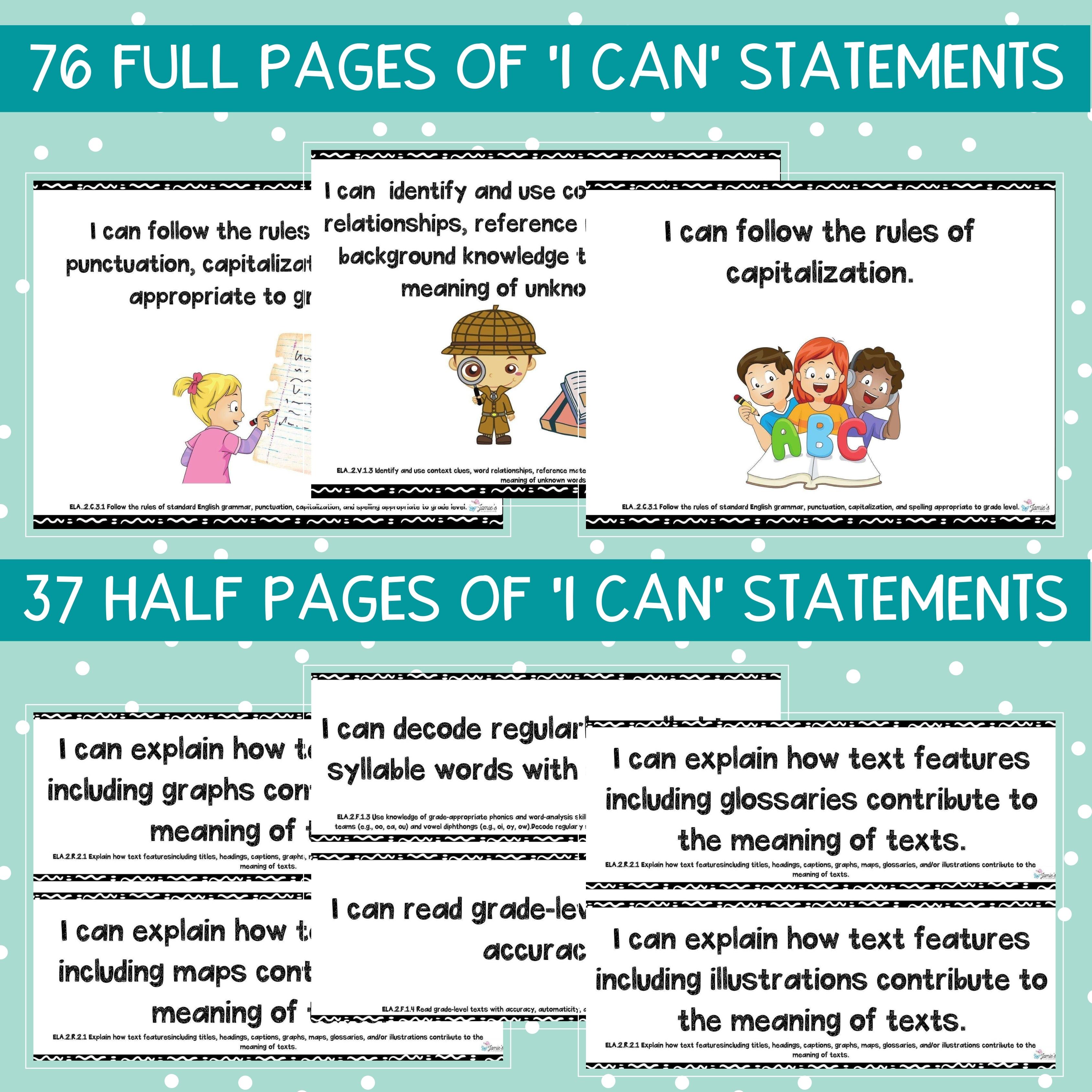 Florida BEST Standards- 2nd Grade ELA I Can Statements - Full & Half Pages - Classful