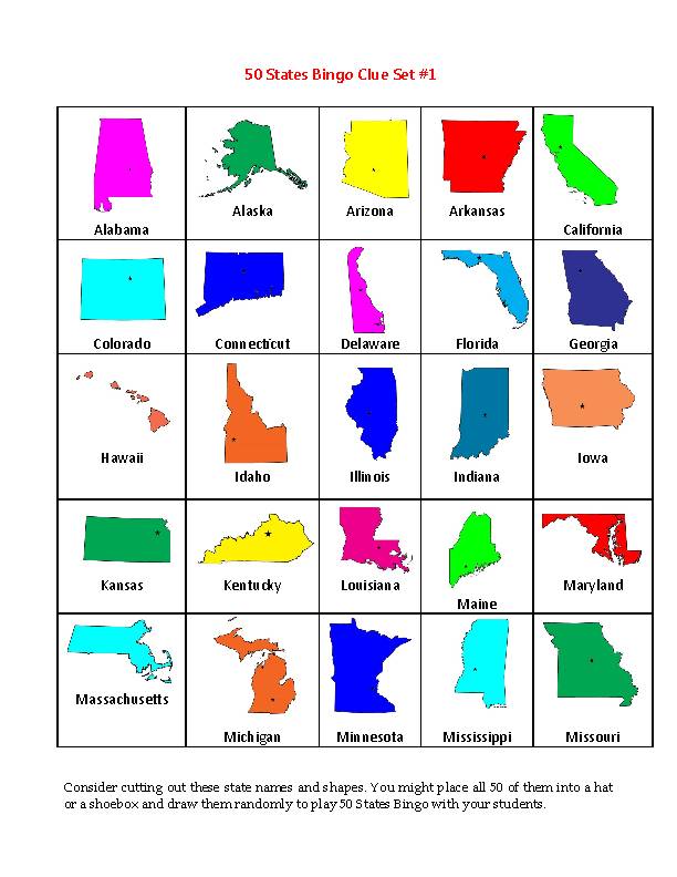 50 States and Capital Cities Full Color Bingo Game Sheets - Classful