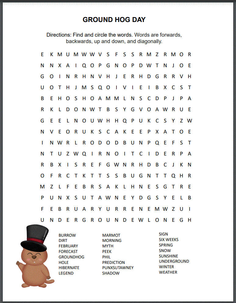 Ground Hog Day Word Search Puzzle - Classful