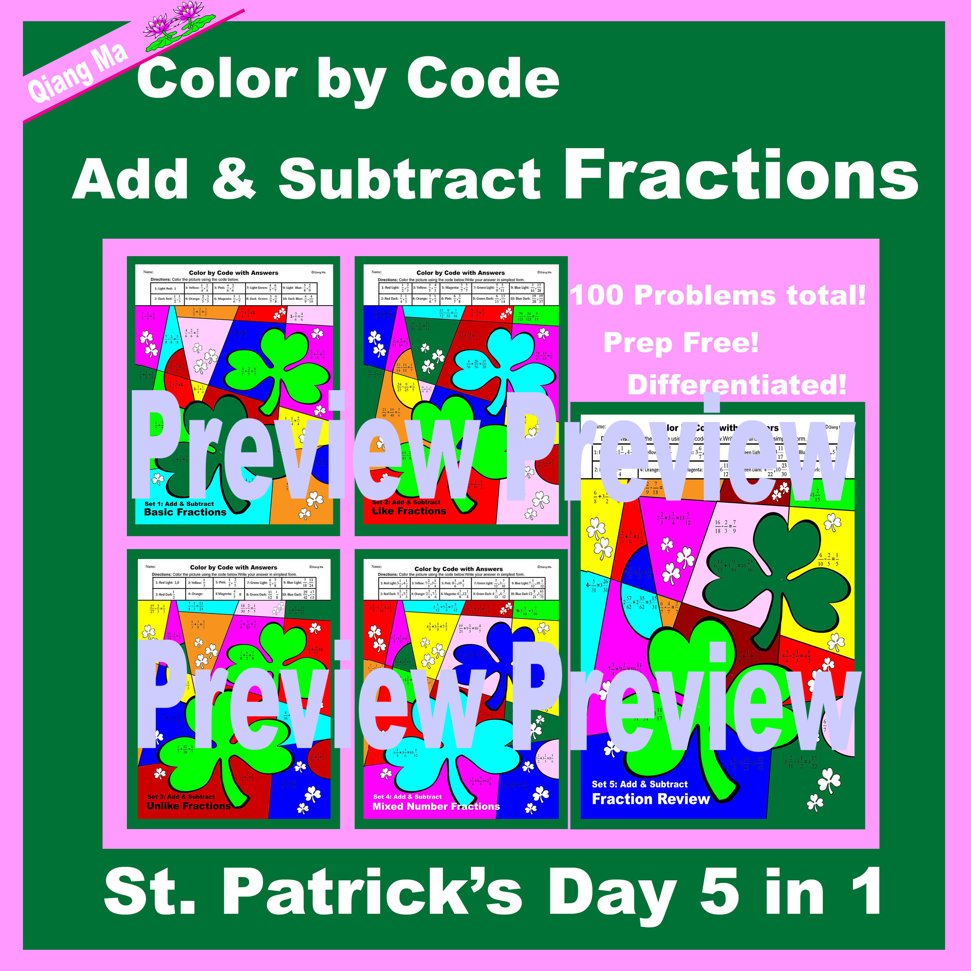 St. Patrick's Day Color by Code- Add and Subtract Fractions 5 in 1 ...