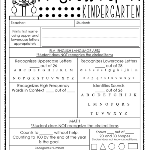 Kindergarten Assessment Progress Report Number Letter Recognition ...
