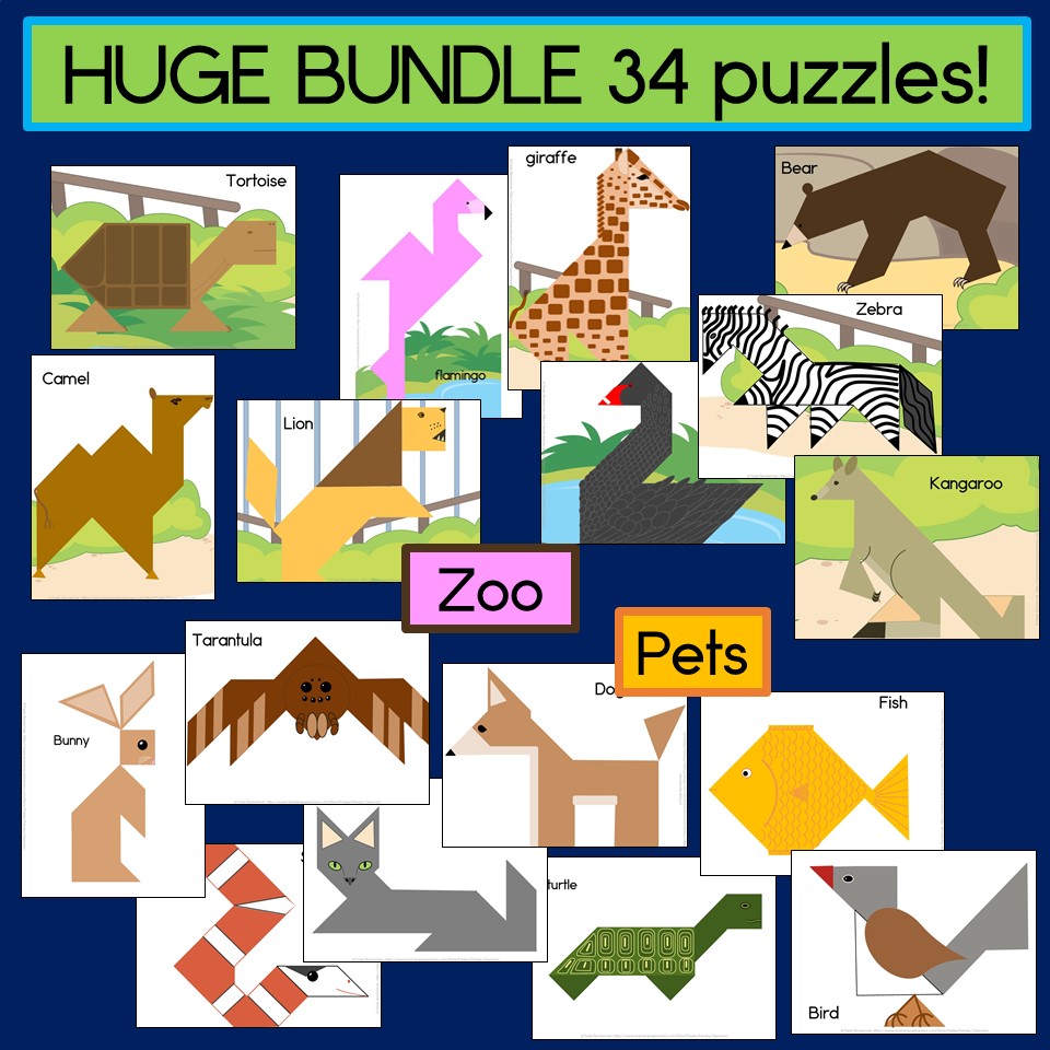 Tangrams Bundle 2 | 2D Shapes Math Center | Dinosaurs | Zoo | Pets and ...